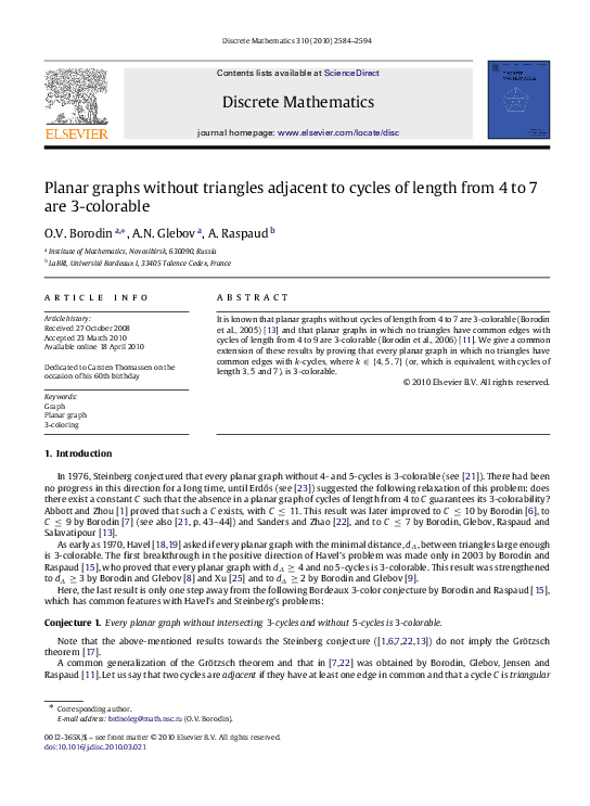 (PDF) Planar graphs without triangles adjacent to cycles of length from ...