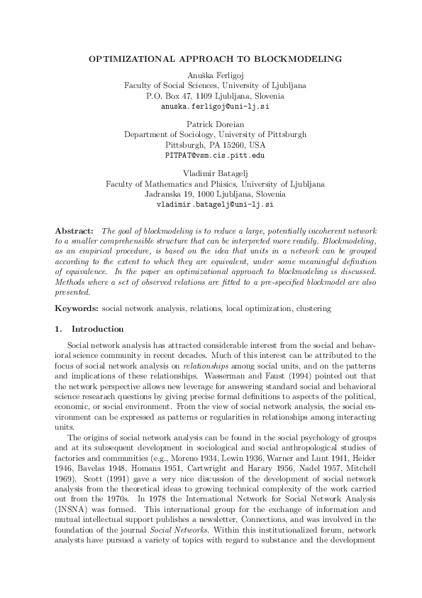 (PDF) Optimizational approach to blockmodeling