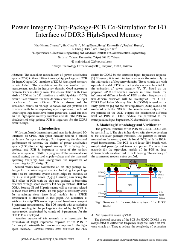 Pdf Power Integrity Chip Package Pcb Co Simulation For Io Interface Of Ddr3 High Speed Memory