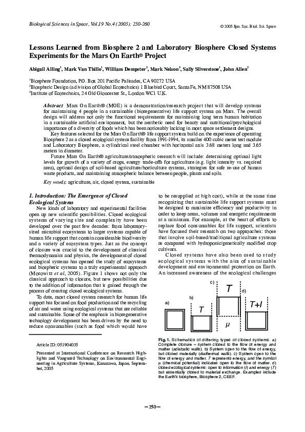 (PDF) Lessons Learned from Biosphere 2 and Laboratory Biosphere Closed ...