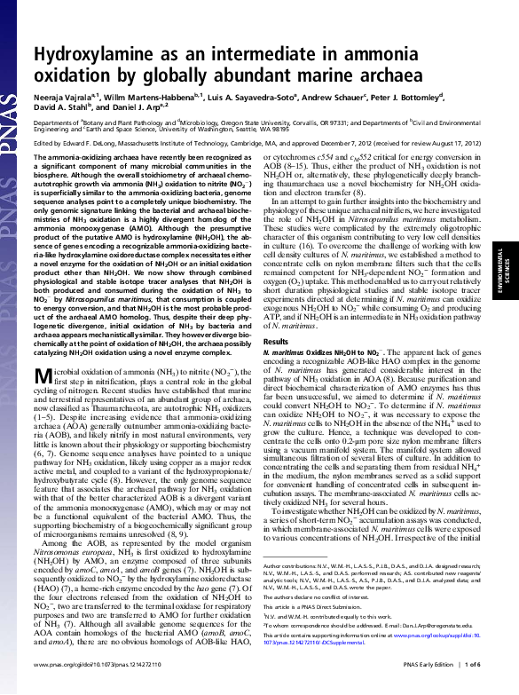(PDF) Hydroxylamine as an intermediate in ammonia oxidation by globally ...