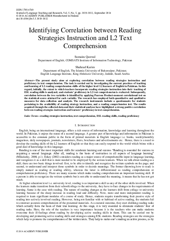 Identifying Correlation Between Reading Strategies Instruction And L2 Text Comprehension