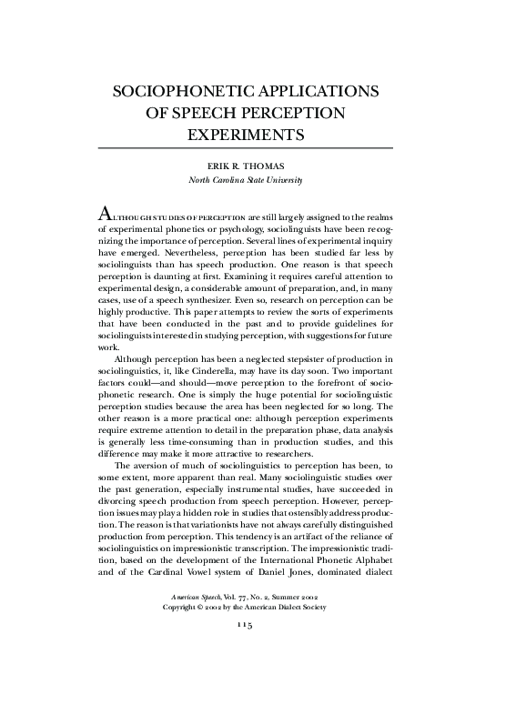 (PDF) Sociophonetic Applications of Speech Perception Experiments