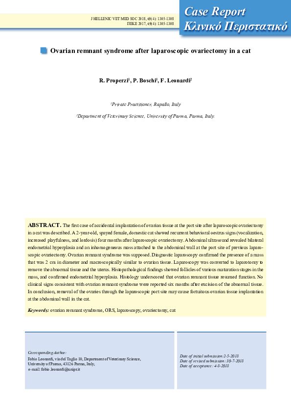 (PDF) Ovarian remnant syndrome after laparoscopic ovariectomy in a cat