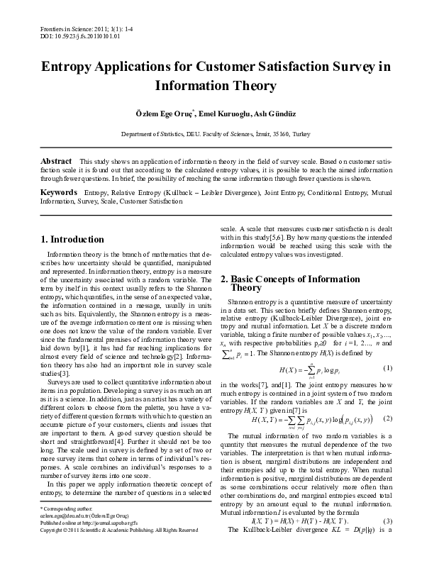 Pdf Entropy Applications For Customer Satisfaction Survey In Information Theory