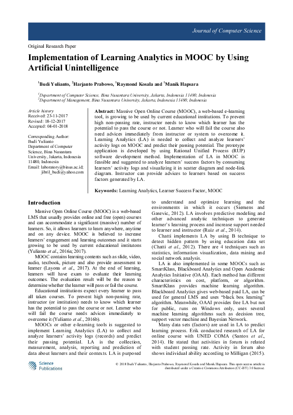 (PDF) Implementation of Learning Analytics in MOOC by Using Artificial Unintelligence | Manik ...