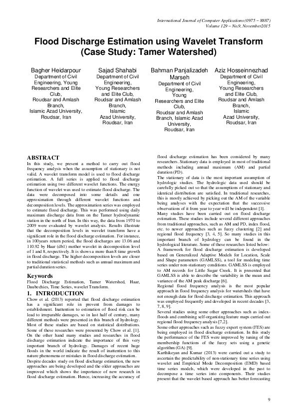 (PDF) Flood Discharge Estimation using Wavelet Transform (Case Study: Tamer Watershed)