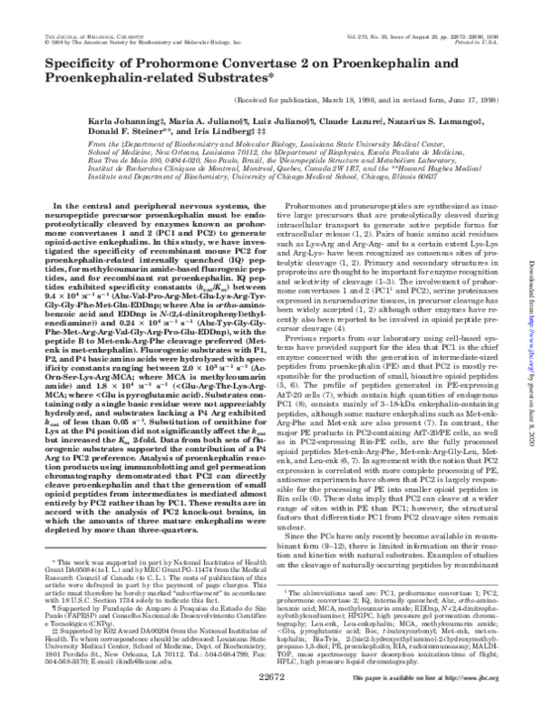 (PDF) Specificity of Prohormone Convertase 2 on Proenkephalin and ...