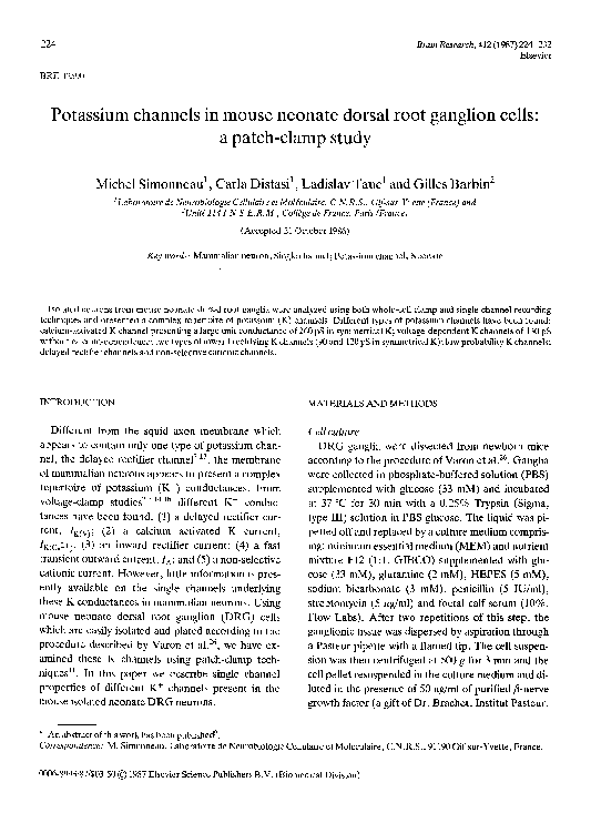 (PDF) Potassium channels in mouse neonate dorsal root ganglion cells: a ...