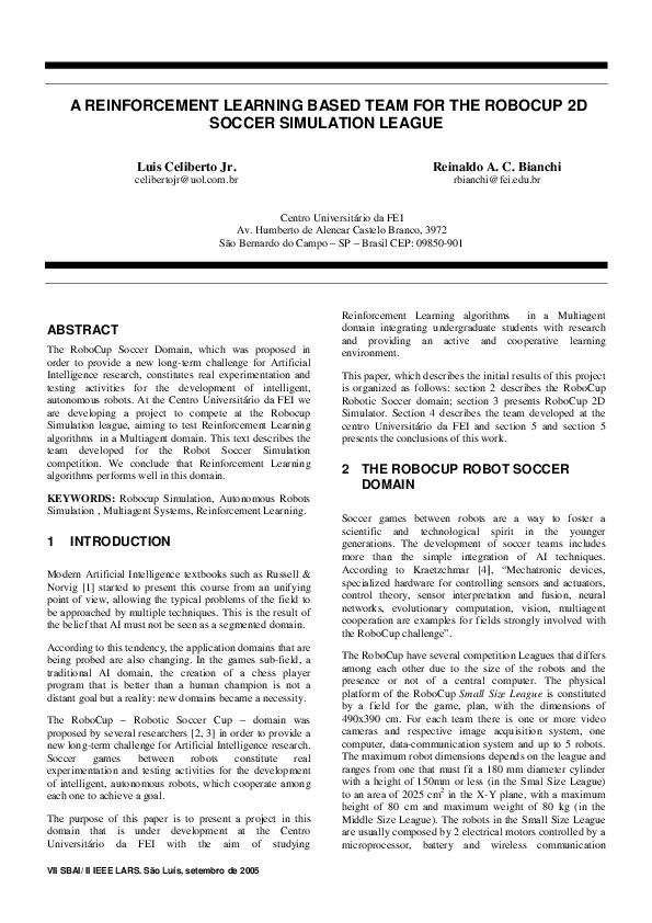 (PDF) A Reinforcement Learning Based Team for the Robocup 2D Soccer Simulation League