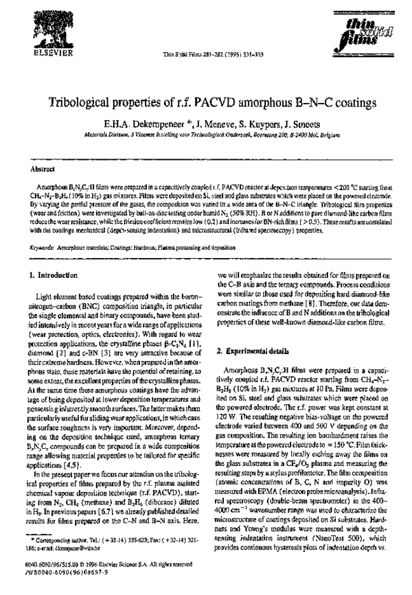 (PDF) Tribological properties of r.f. PACVD amorphous B-N-C coatings