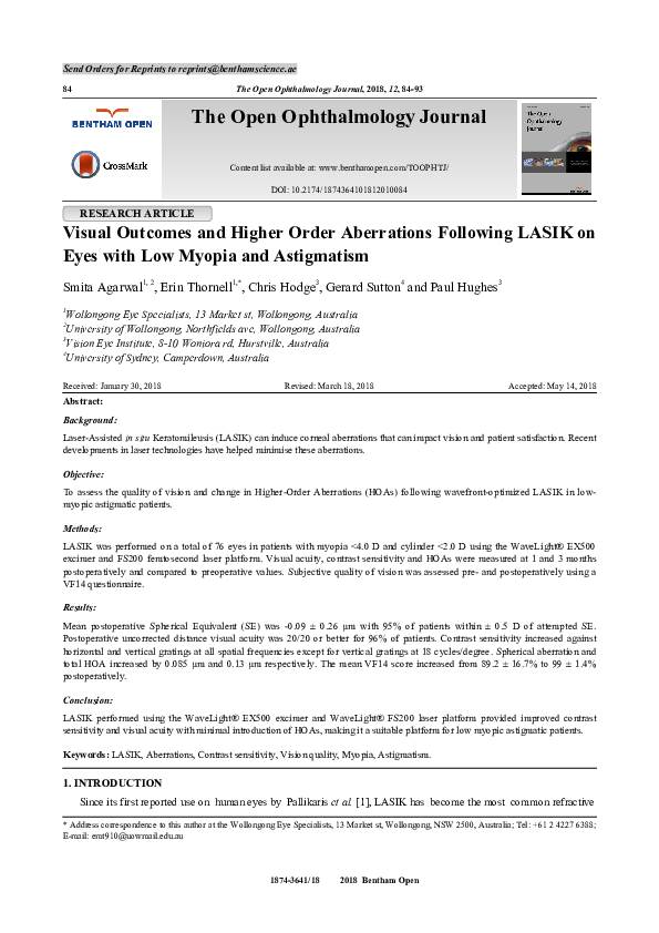 (PDF) Visual Outcomes and Higher Order Aberrations Following LASIK on Eyes with Low Myopia and ...