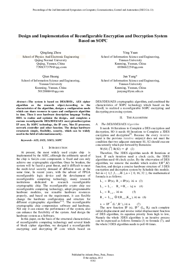 (PDF) Design and Implementation of Reconfigurable Encryption and Decryption System Based on SOPC