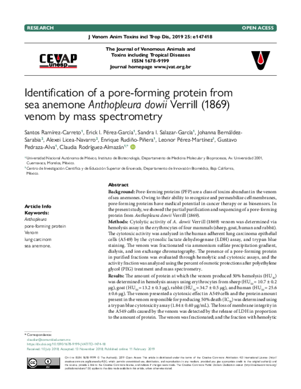 (PDF) Identification of a pore-forming protein from sea anemone ...