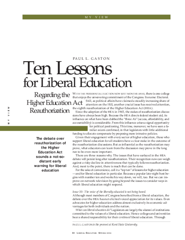 (PDF) Ten Lessons for Liberal Education: Regarding the Higher Education ...