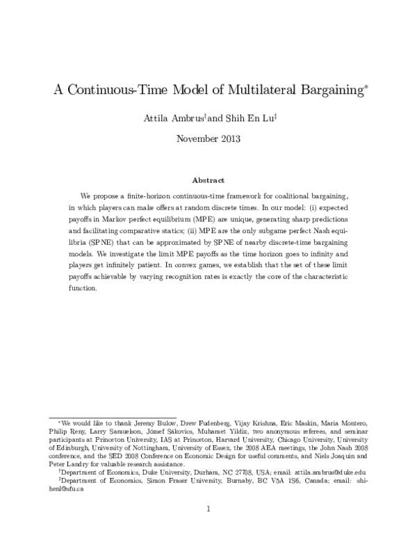(PDF) A Continuous-Time Model of Multilateral Bargaining