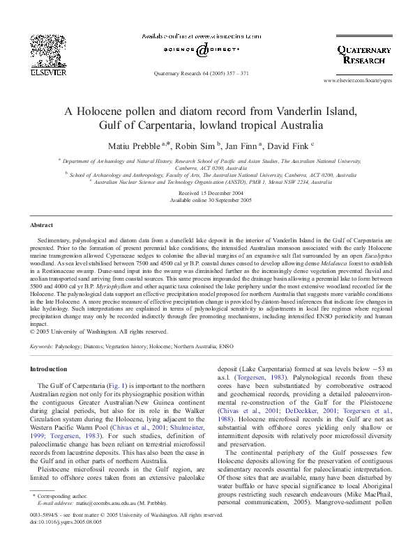 (PDF) A Holocene pollen and diatom record from Vanderlin Island, Gulf ...