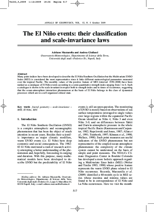 (PDF) The El Niño events: their classification and scale-invariance laws