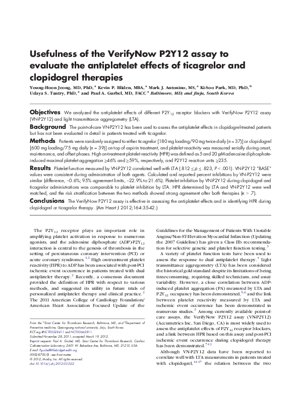 (PDF) Usefulness of the VerifyNow P2Y12 assay to evaluate the ...