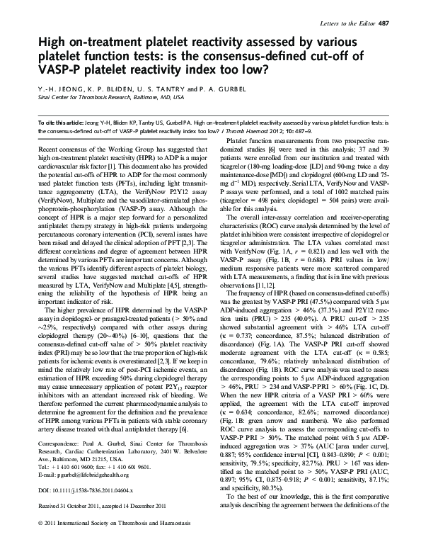 (PDF) High on-treatment platelet reactivity assessed by various ...