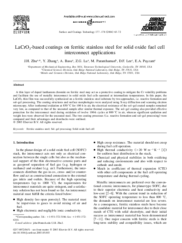 (PDF) LaCrO3-based coatings on ferritic stainless steel for solid oxide ...