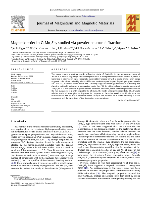 (PDF) Magnetic order in CaMn2Sb2 studied via powder neutron diffraction
