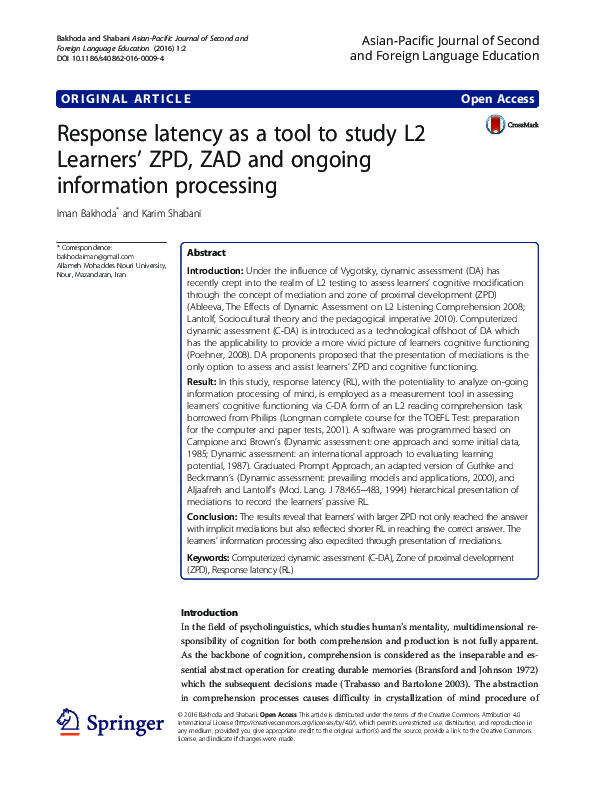(PDF) Using Response Latency to Assess L2 Learners' ZPD and Cognitive Processing