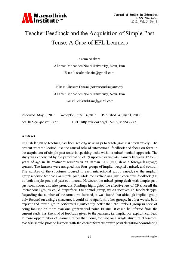 (PDF) Teacher Feedback and the Acquisition of Simple Past Tense: A Case ...