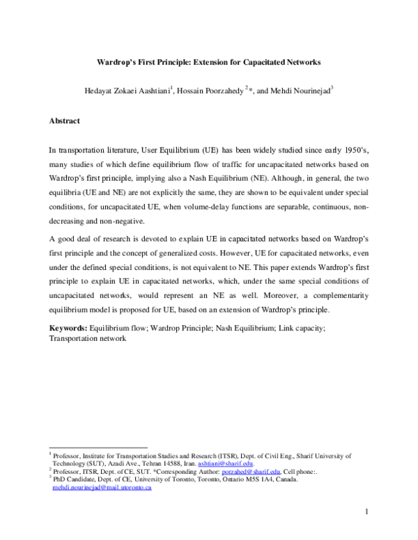(PDF) Wardrop’s First Principle: Extension for Capacitated Networks