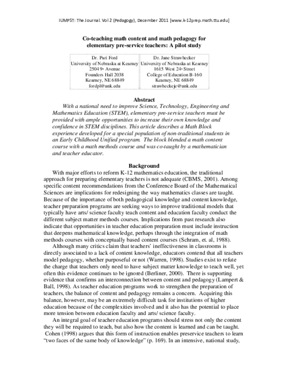 (PDF) Co-Teaching Math Content and Math Pedagogy for Elementary Pre ...