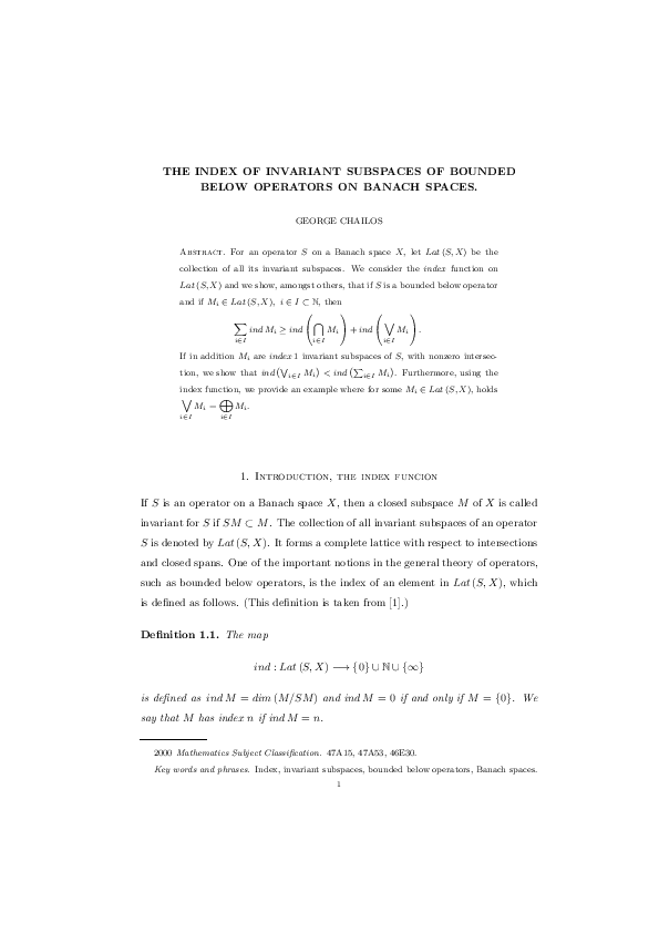 (PDF) The index of invariant subspaces of bounded below operators on Banach spaces