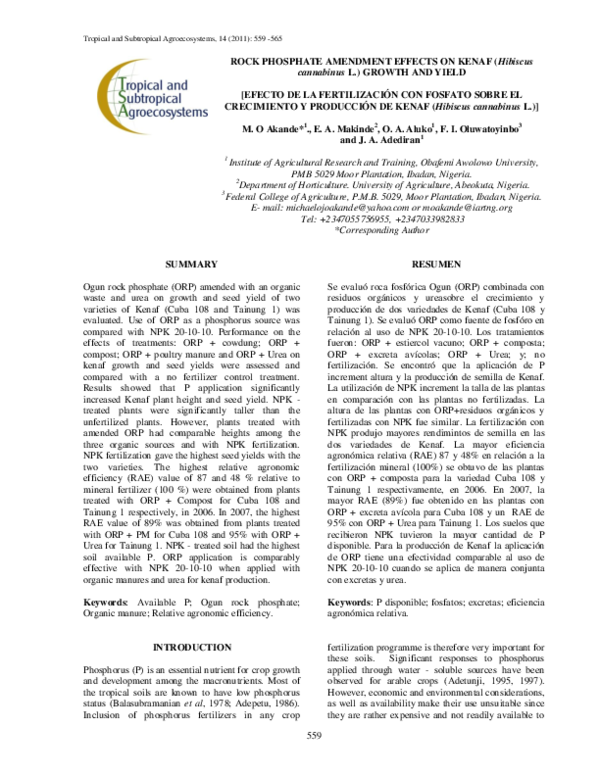 (PDF) Efecto de la fertilización con fosfato sobre el crecimiento y producción de Kenaf ...