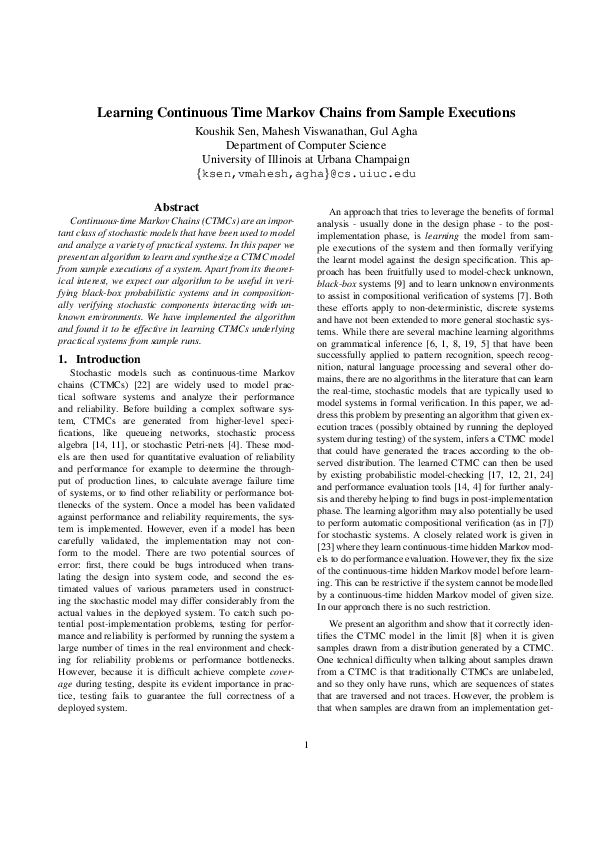 (PDF) Learning continuous time markov chains from sample executions