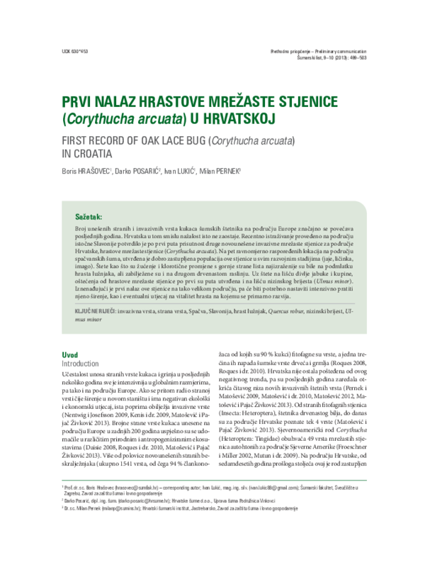 (PDF) FIRST RECORD OF OAK LACE BUG ( Corythucha arcuata ) IN CROATIA