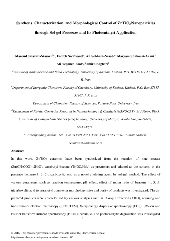 (PDF) Synthesis, characterization, and morphological control of ZnTiO3 nanoparticles through sol ...