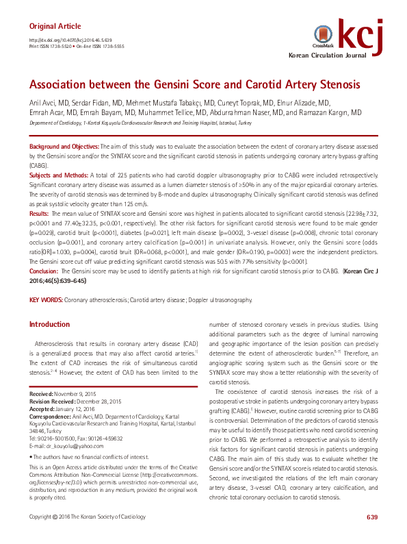 (PDF) Association between the Gensini Score and Carotid Artery Stenosis