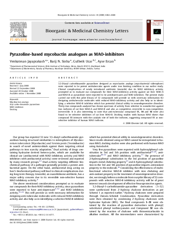 (PDF) Pyrazoline-based mycobactin analogues as MAO-inhibitors