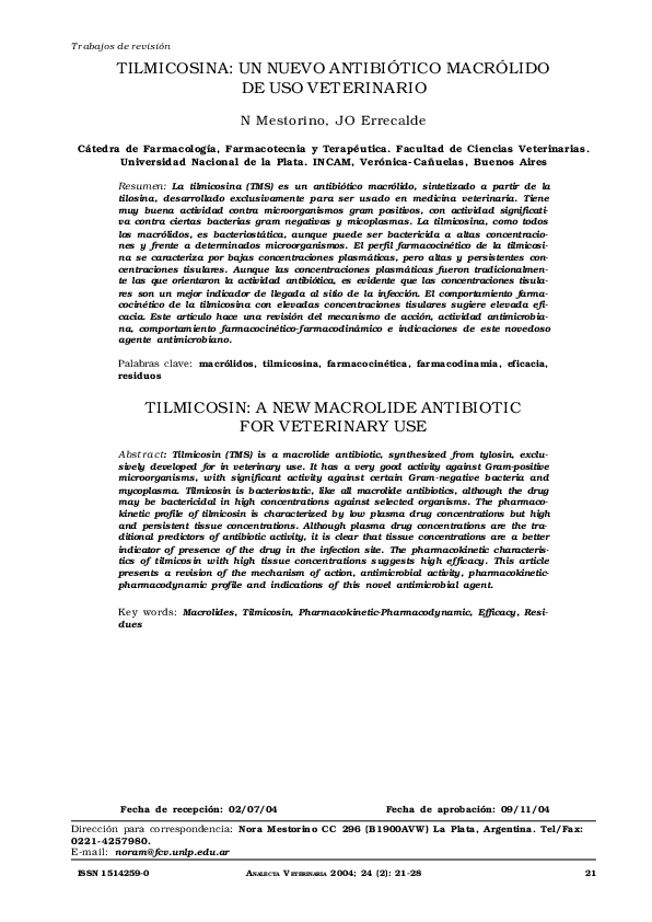 (PDF) Tilmicosin: A New Macrolide Antibiotic for Veterinary Use