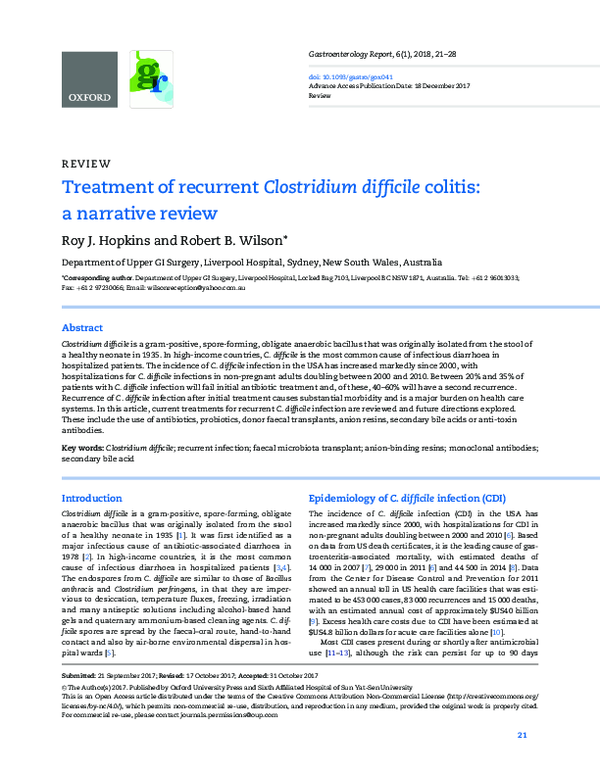 (PDF) Treatment of recurrent Clostridium difficile infection: a ...