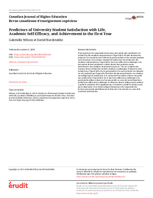 (PDF) Predictors of University Student Satisfaction with Life, Academic ...