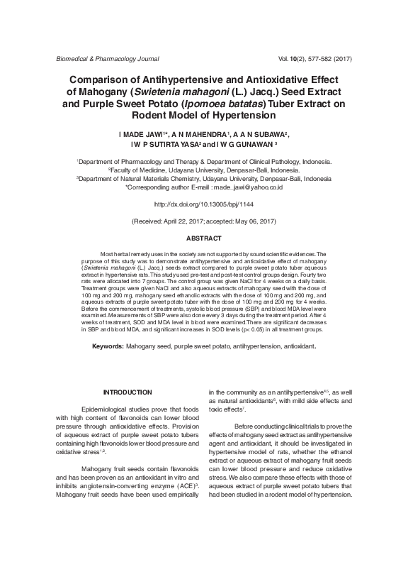 (PDF) Comparison of Antihypertensive and Antioxidative Effect of Mahogany (Swietenia mahagoni (L ...