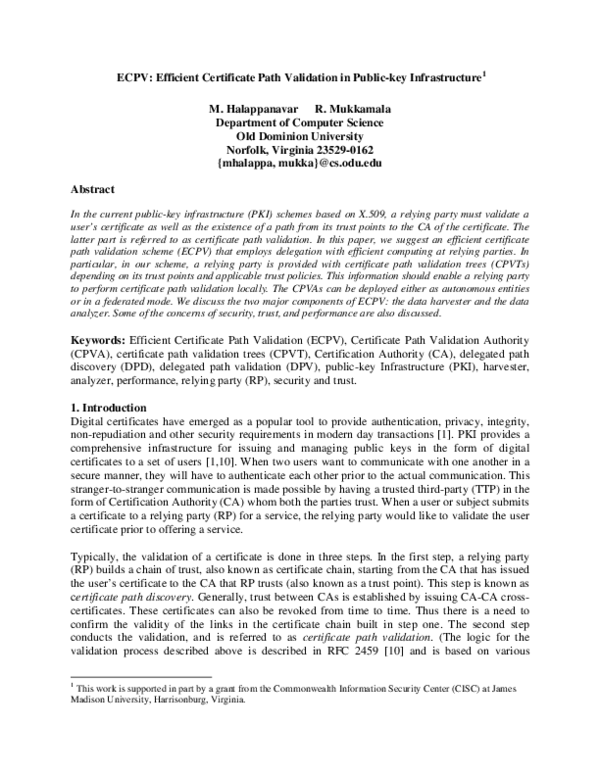(PDF) ECPV: EFficient Certificate Path Validation in Public-Key Infrastructure | Ravi Mukkamala ...