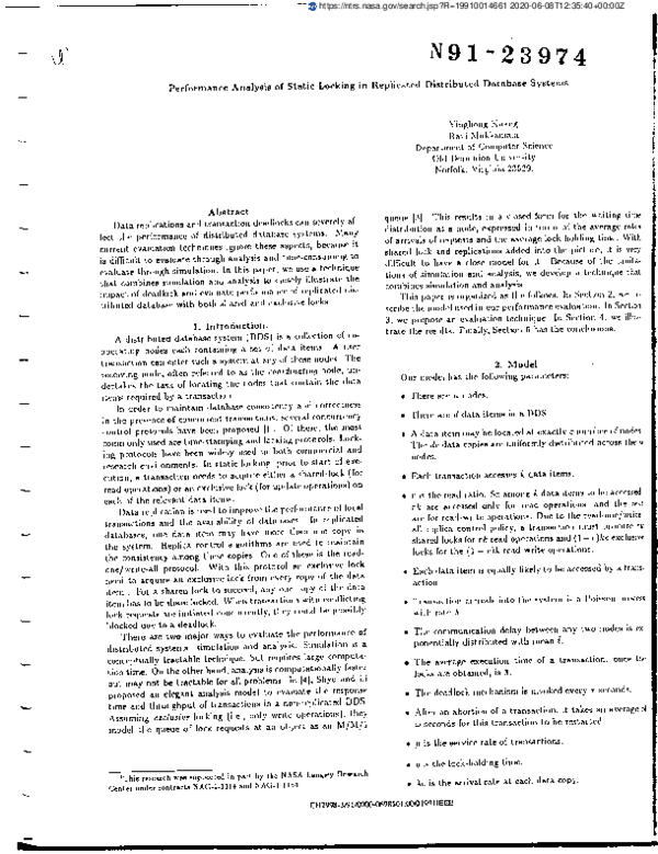 (PDF) Performance analysis of static locking in replicated distributed ...