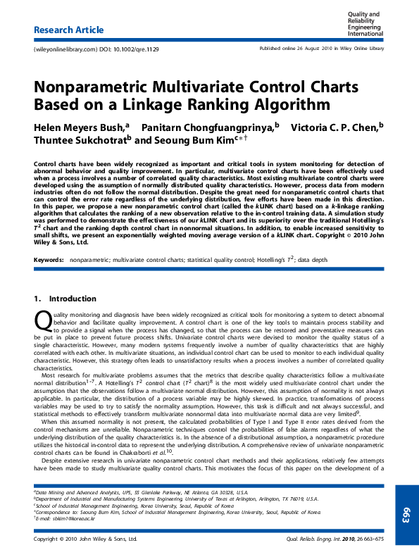 Pdf Nonparametric Multivariate Control Charts Based On A Linkage Ranking Algorithm
