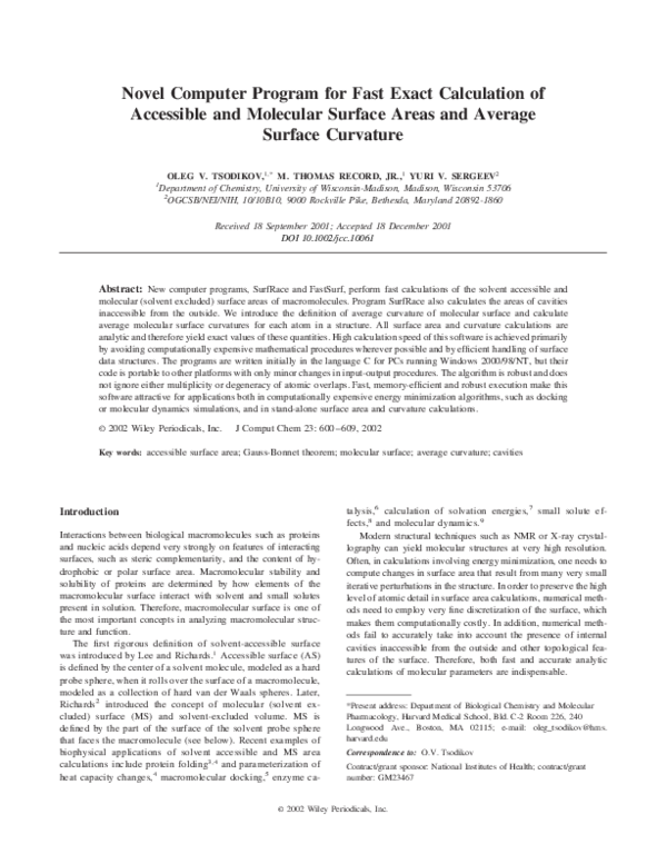 (PDF) Novel computer program for fast exact calculation of accessible and molecular surface ...