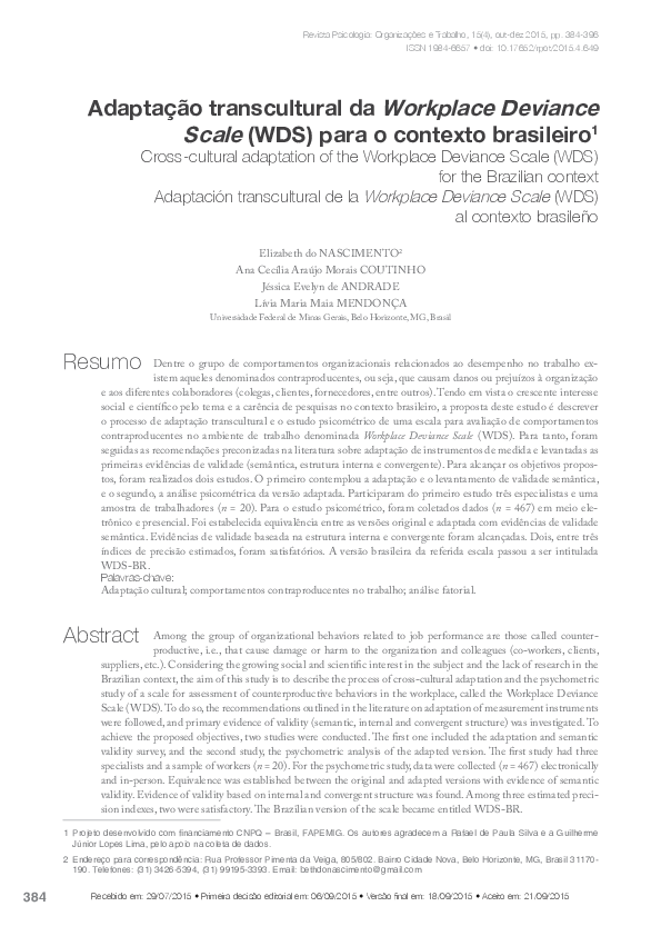 (PDF) Adaptação transcultural da Workplace Deviance Scale (WDS) para o ...