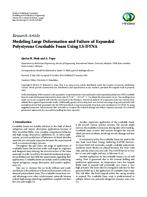 (PDF) Modeling Large Deformation and Failure of Expanded Polystyrene Crushable Foam Using LS-DYNA