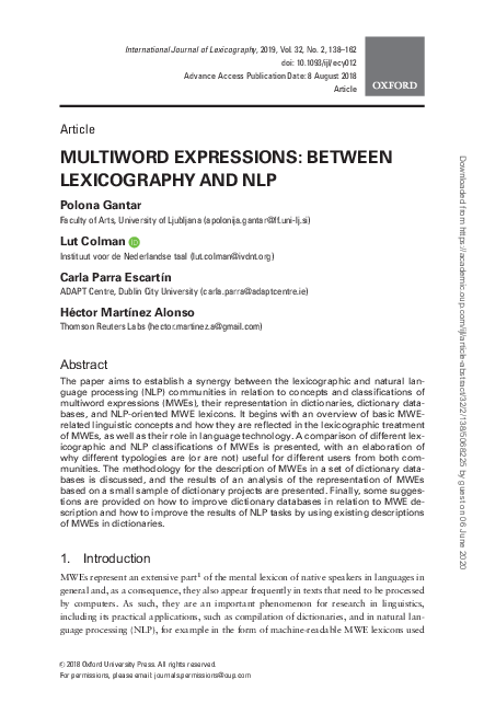 (PDF) Multiword Expressions: Between Lexicography and NLP