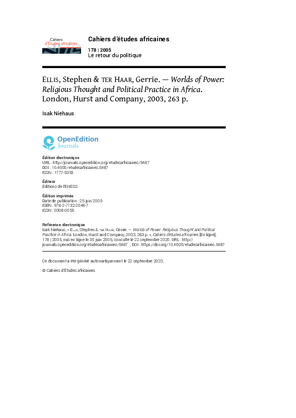 (PDF) Ellis, Stephen ter Haar, Gerrie. — Worlds of Power: Religious ...