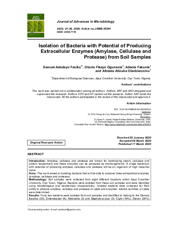 (PDF) Isolation of Bacteria with Potential of Producing Extracellular Enzymes (Amylase ...